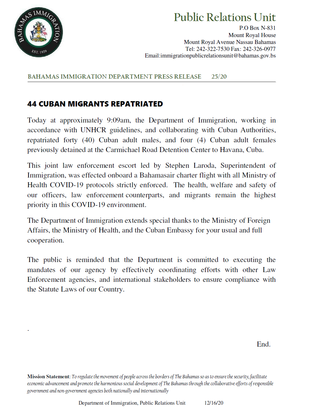 Department of Immigration repatriates Cuban nationals - ZNS BAHAMAS