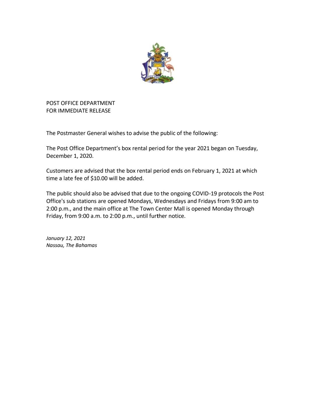 Post Office public notice - ZNS BAHAMAS