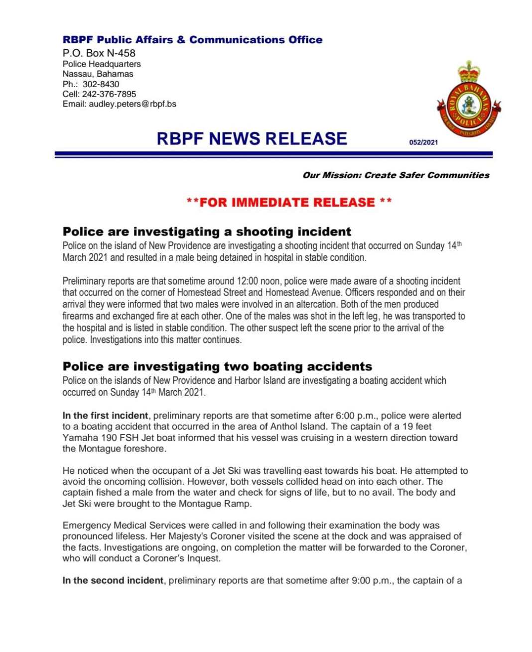 Police Update 15/3/2021 - ZNS BAHAMAS