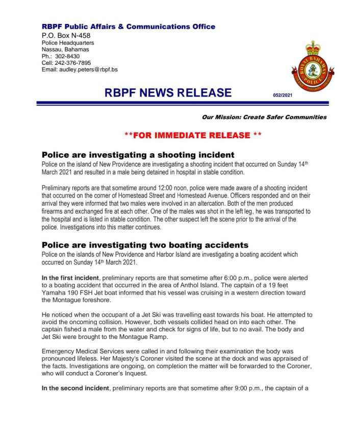 Police Update 15/3/2021 - ZNS BAHAMAS