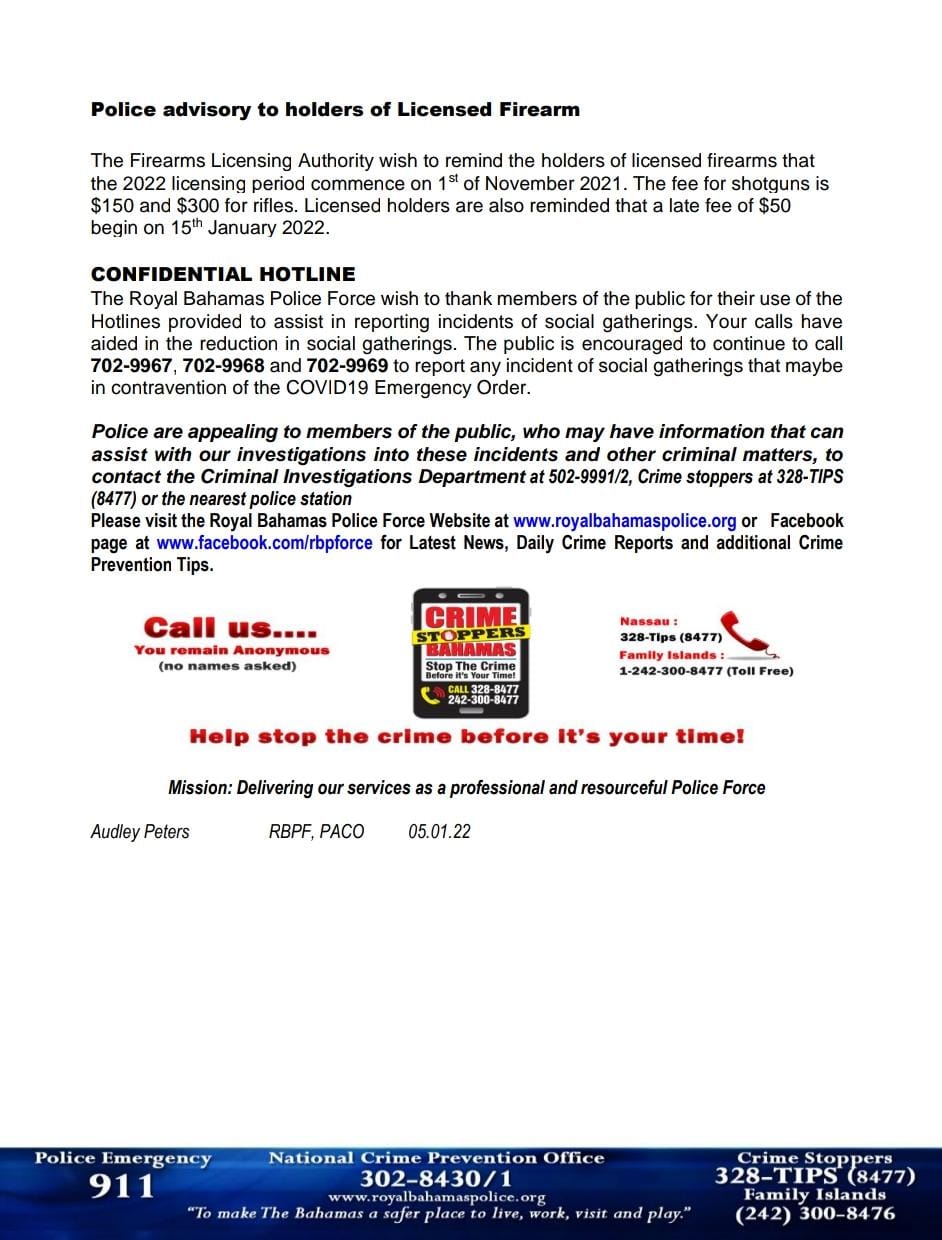 Royal Bahamas Police Force Crime Report 5/1/2022 - ZNS BAHAMAS