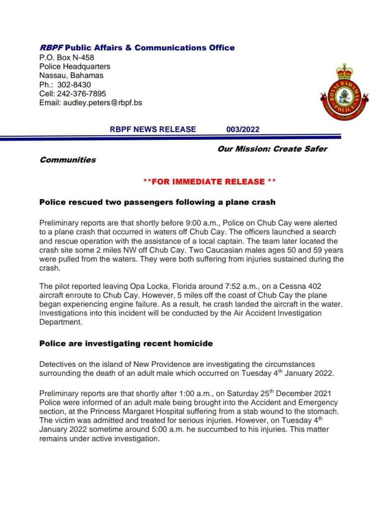 Royal Bahamas Police Force Crime Report 5/1/2022 - ZNS BAHAMAS