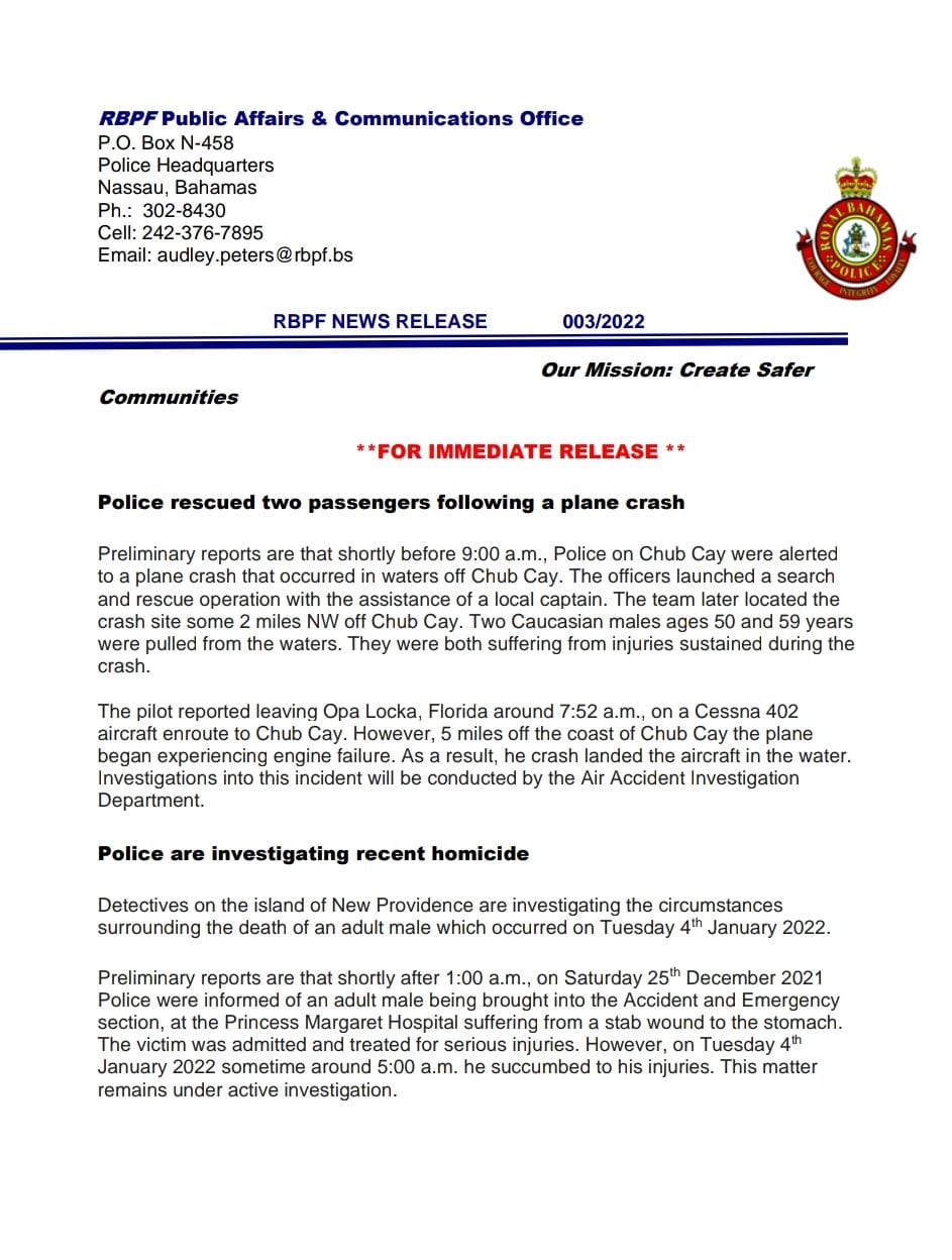 Royal Bahamas Police Force Crime Report 5/1/2022 - ZNS BAHAMAS